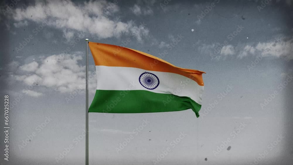 India flag waving on sky background with vintage color film and retro ...