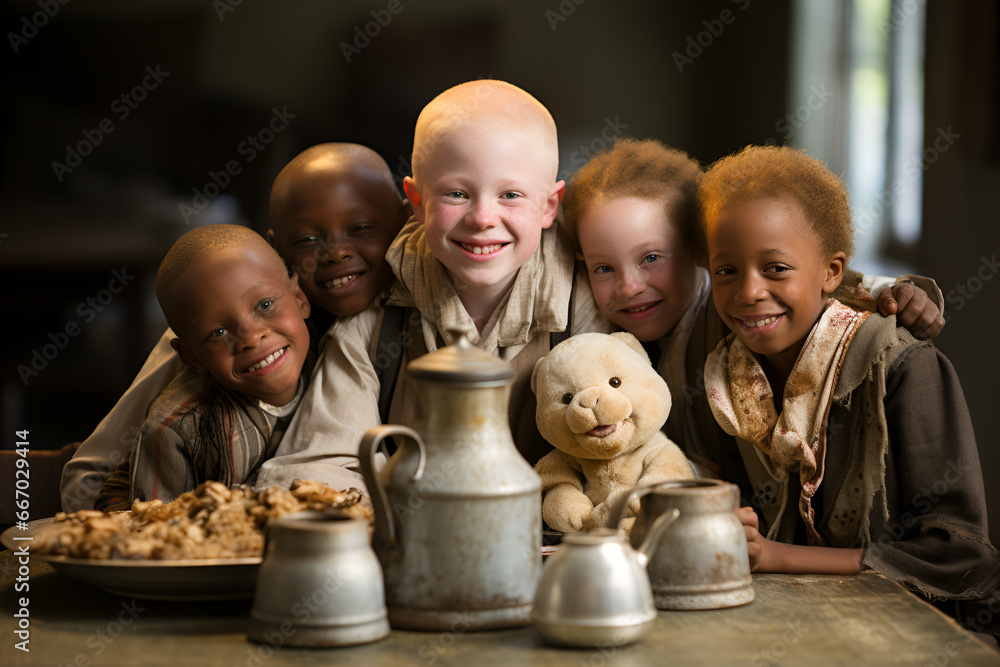Portrait of cute children, African albino boy with white skin and hair ...