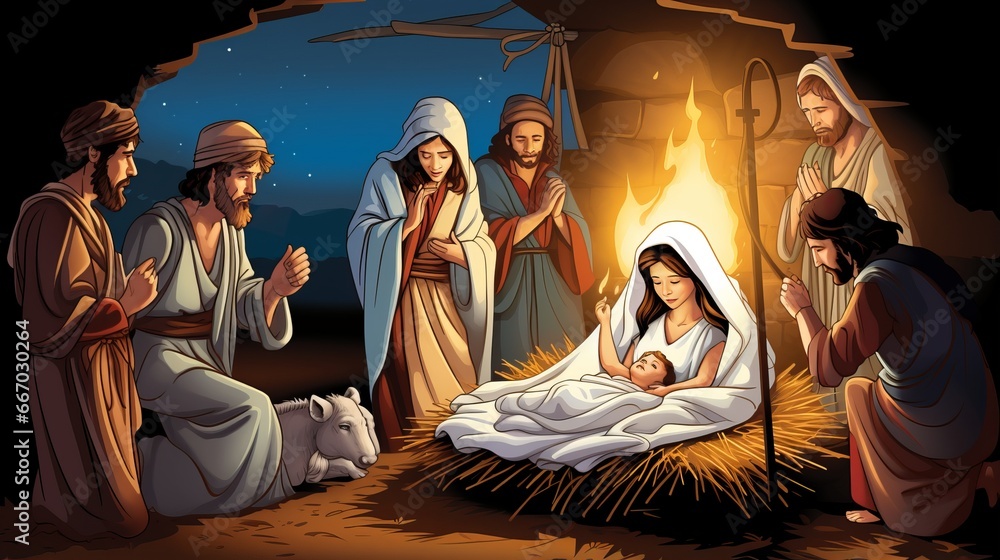 charming nativity scene cartoon illustration with holy family, wise men ...