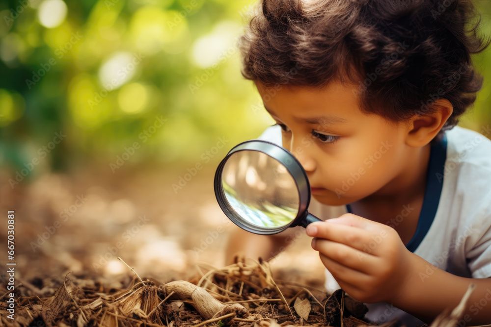 Curious child with a magnifying glass inspecting nature - Learning and ...