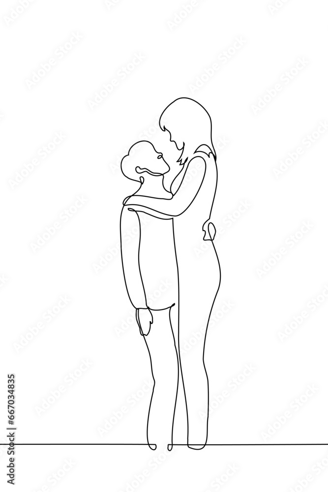 man and a woman are hugging, she is much taller than him - one line art ...