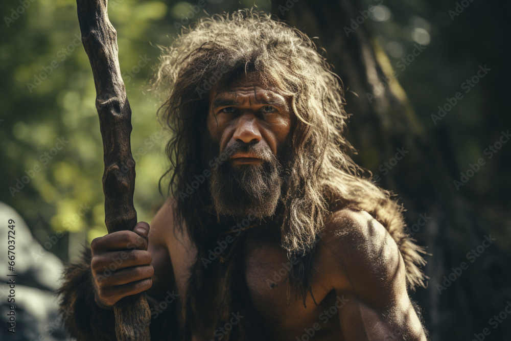 Primeval Caveman Wearing Animal Skin Holds Stone Tipped Spear Looks ...