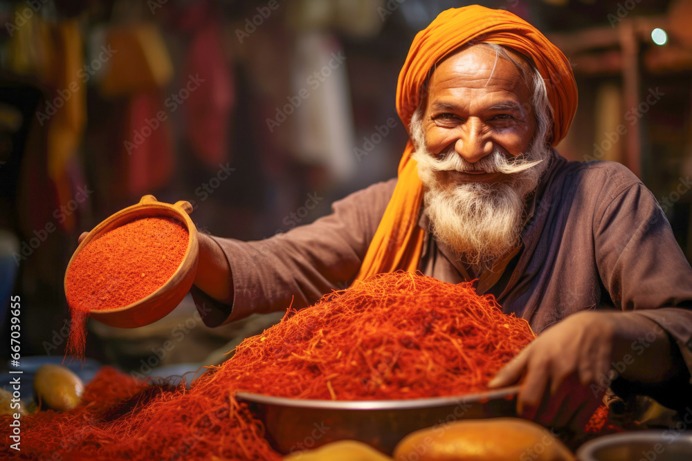 A spice merchant wearing a traditional turban, surrounded by spices and ...