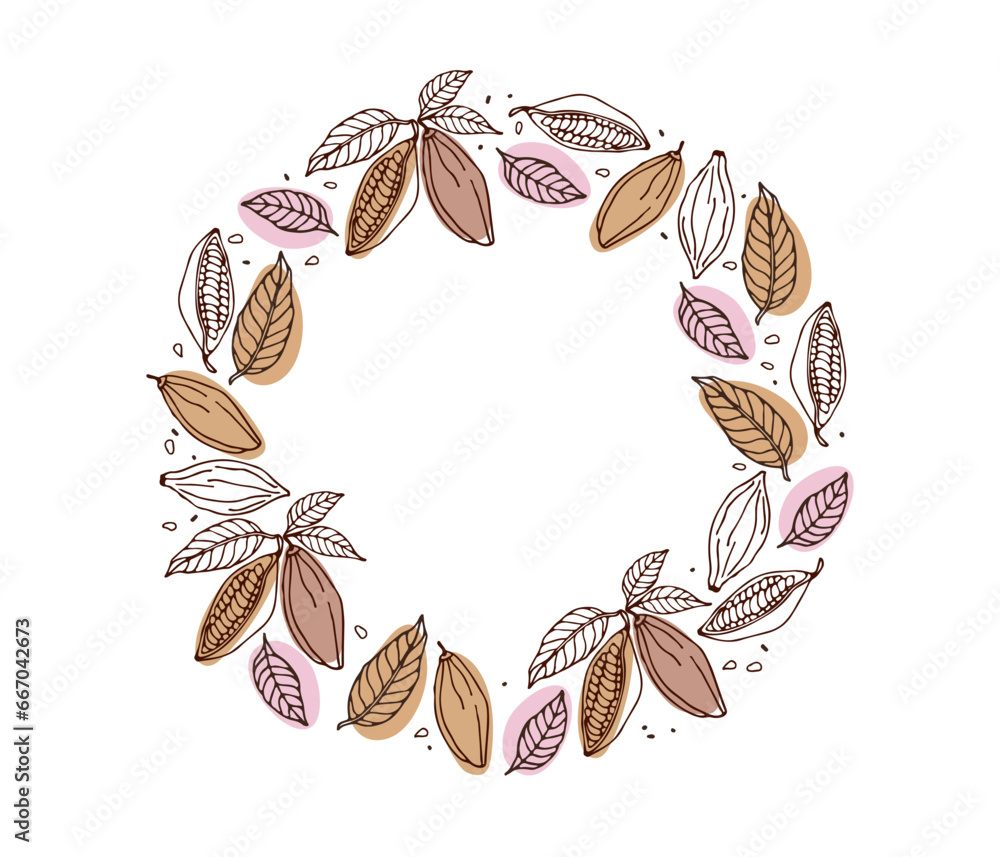 Round Cocoa beans frame. Doodle Outline vector illustration. Organic ...