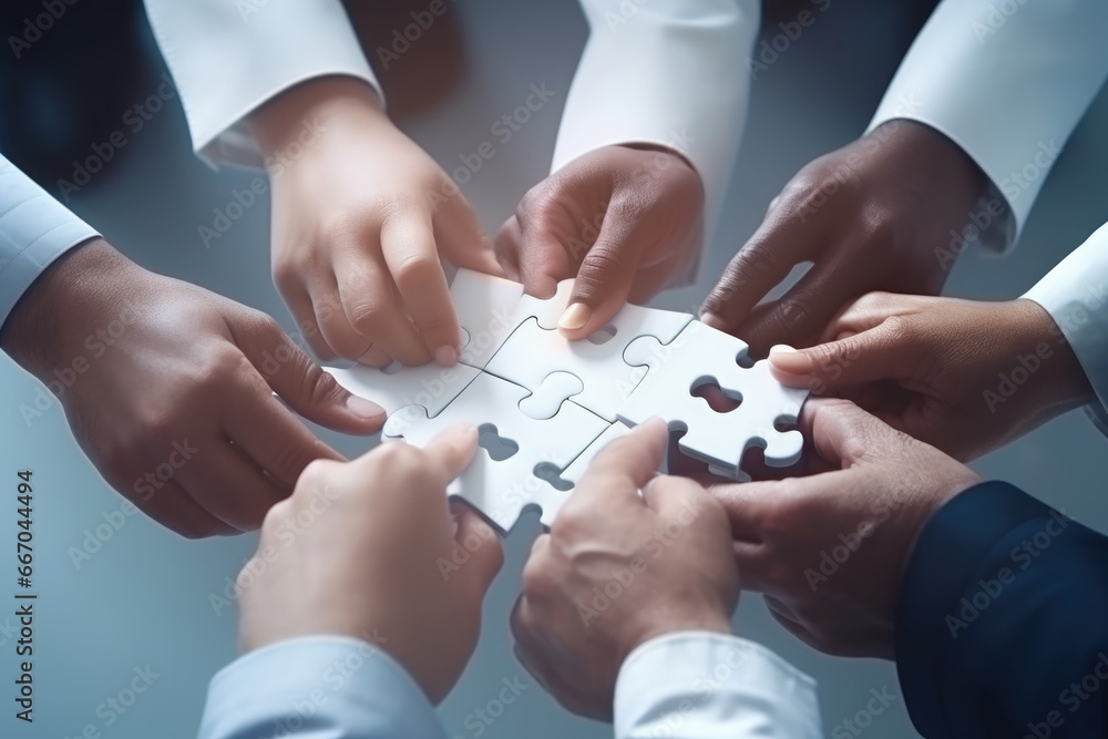Business hands, puzzle and group of people for solution, teamwork and ...