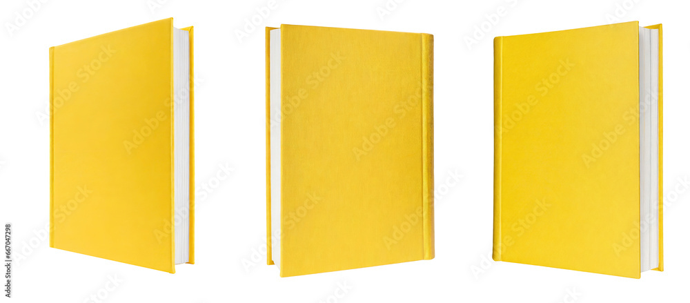 Set of yellow book cover mockups, front and side view perspectives ...