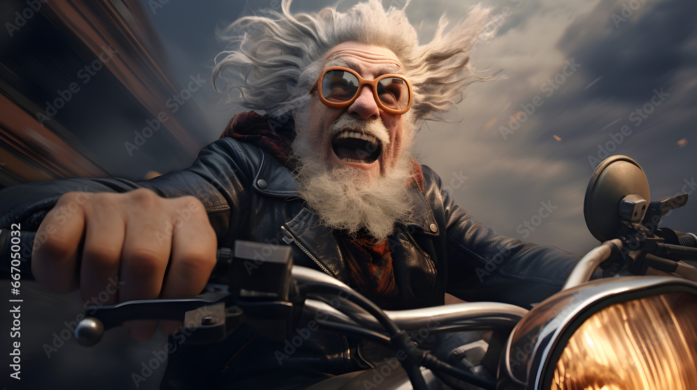 Funny image of a grandpa racing on the bike, exciting by the emotion ...