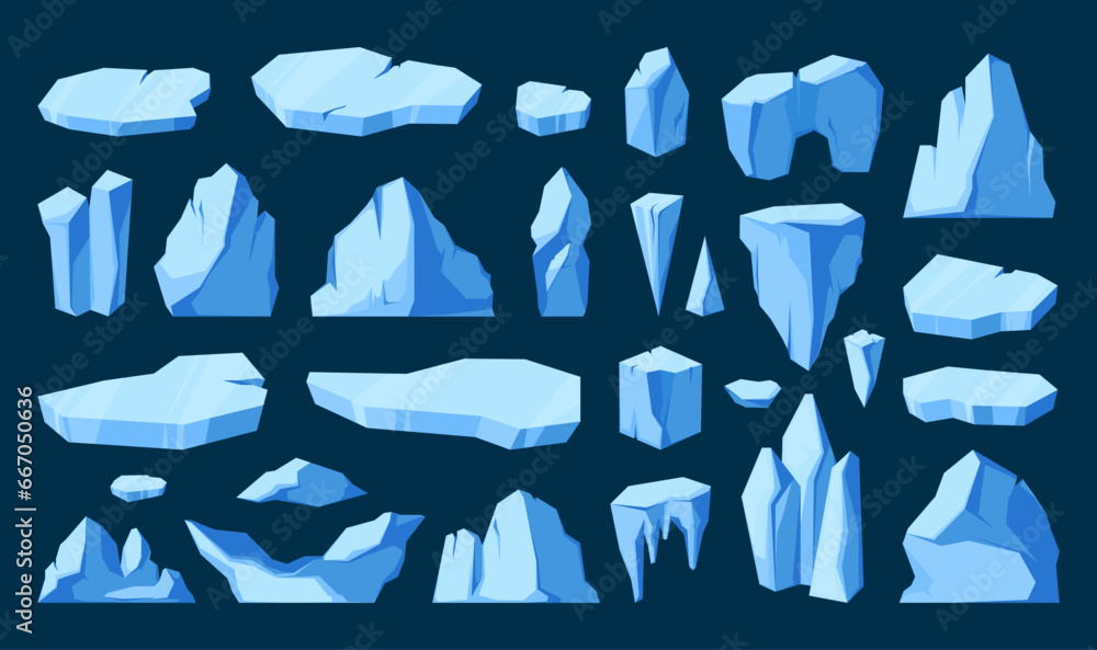 Ice pieces and glaciers. Cartoon frozen floating ice chunks, mountain ...