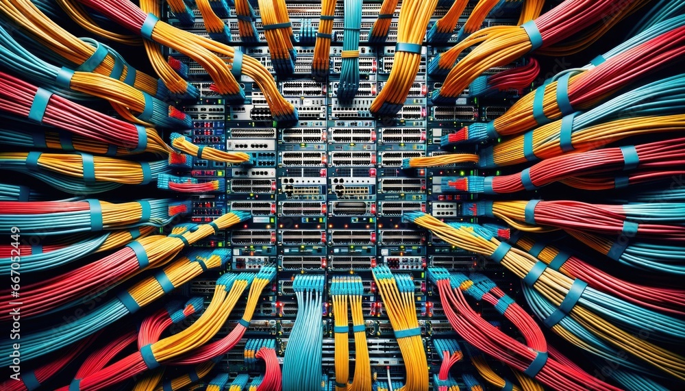 Data center wall in server toom from above with the dense layout of ...