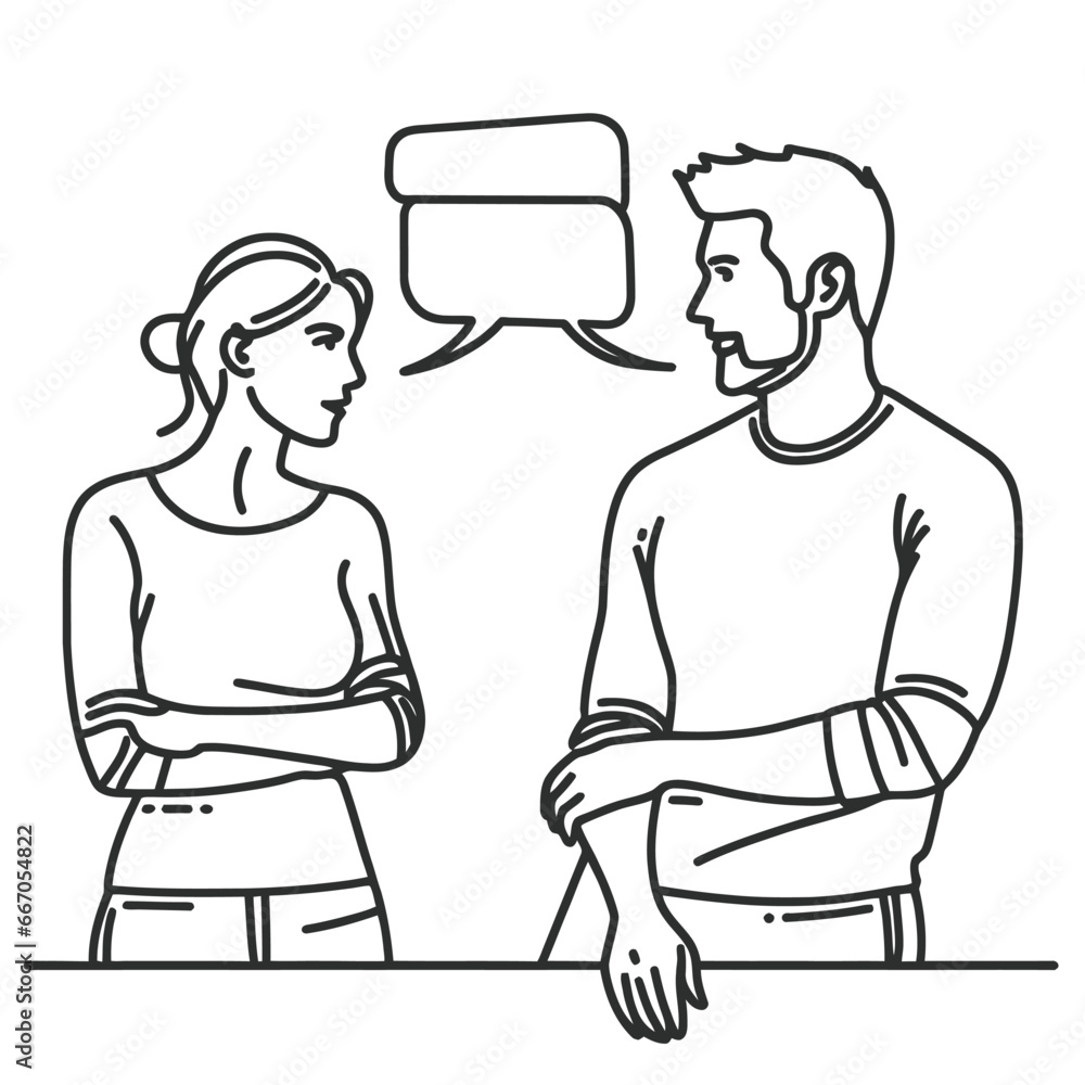 adult man and woman having conversation together - one line drawing ...