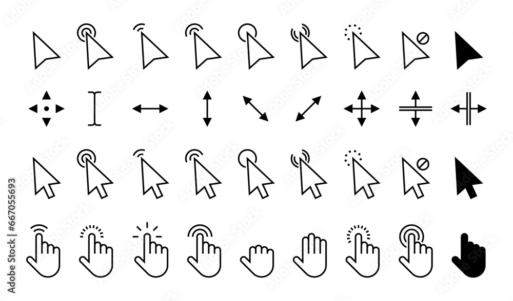 Pointer Cursor Computer Mouse Click Arrow Icons Flat Style Pointing Finger And Text Cursor
