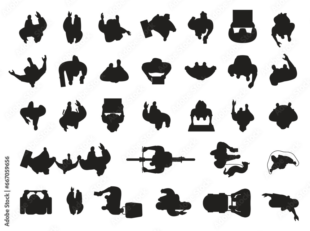 People top view frame. People silhouette, male and female action and ...