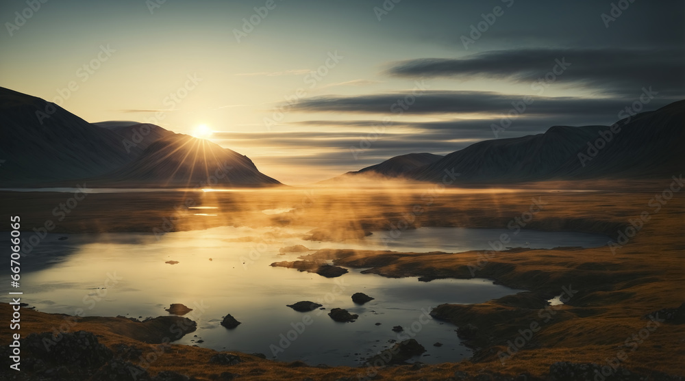 Landscape illuminated by the midnight sun, reflecting the Arctic Circle ...