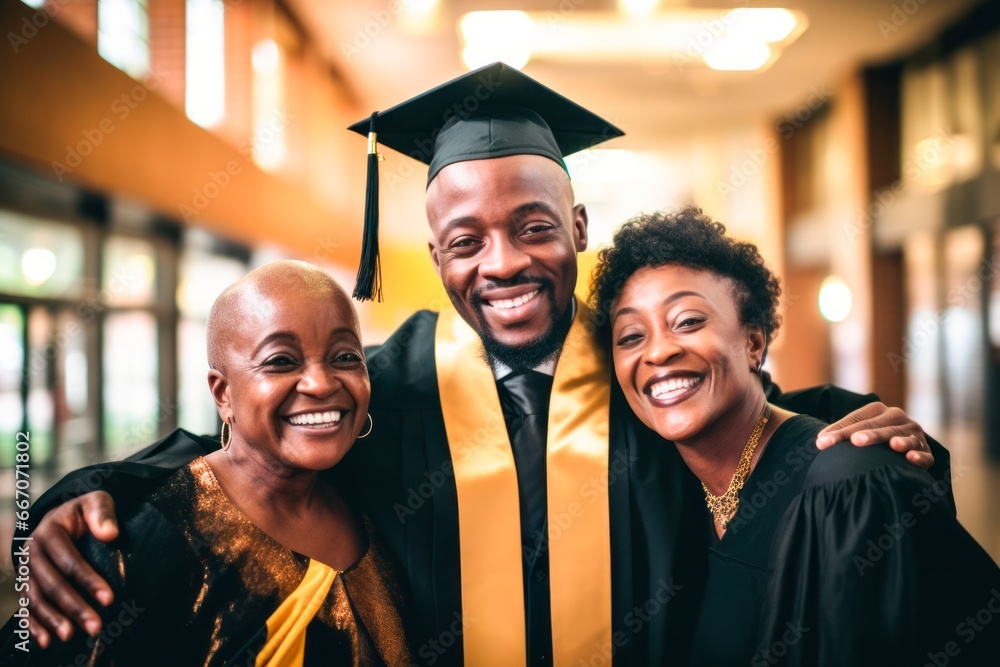 African American student celebrates graduation with his family. success ...