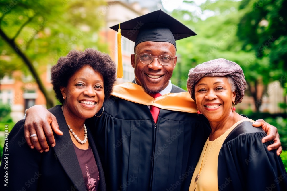 African American student celebrates graduation with his family. success ...
