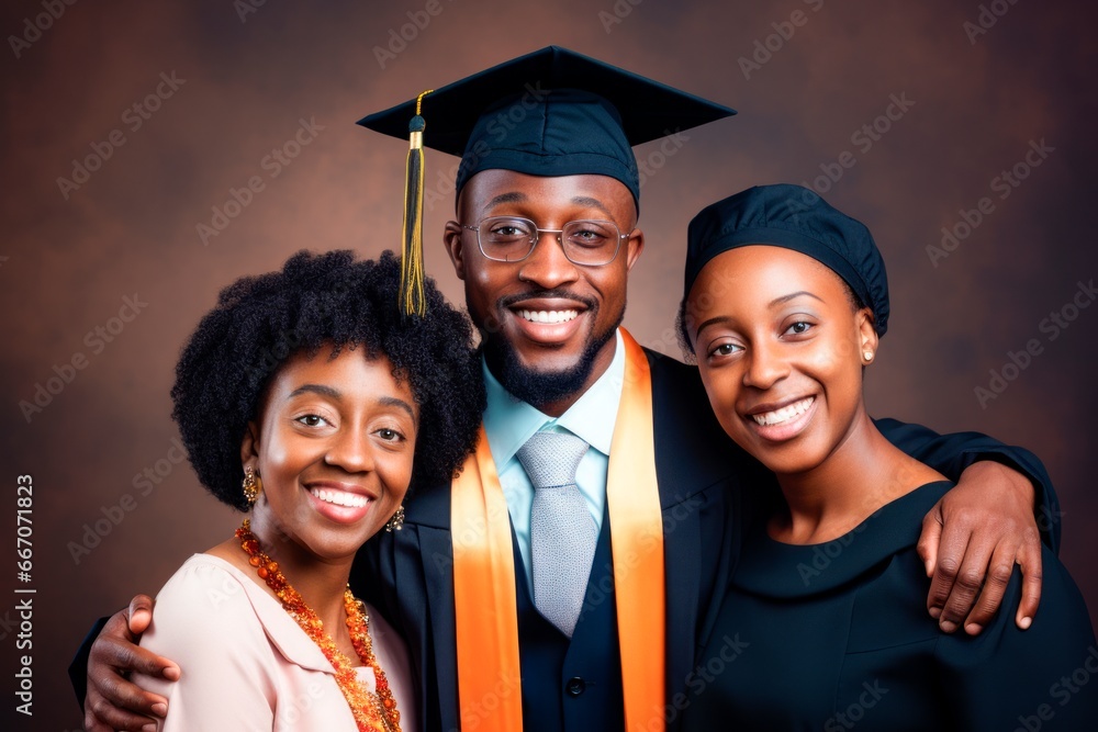 African American student celebrates graduation with his family. success ...