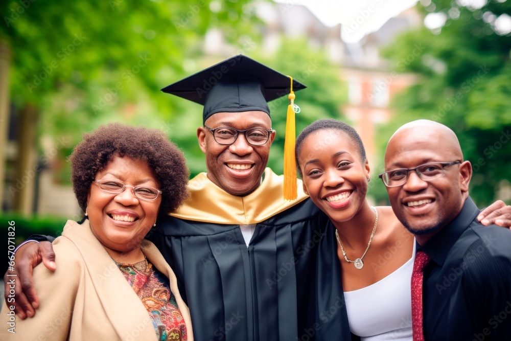 African American student celebrates graduation with his family. success ...
