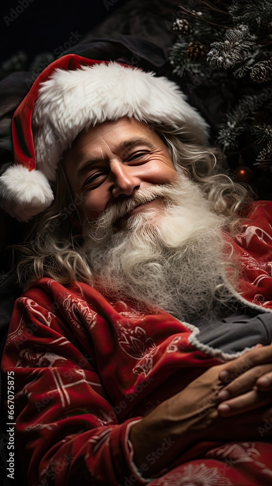 Santa Claus is lying on a white bed under a red blanket in a red cap ...