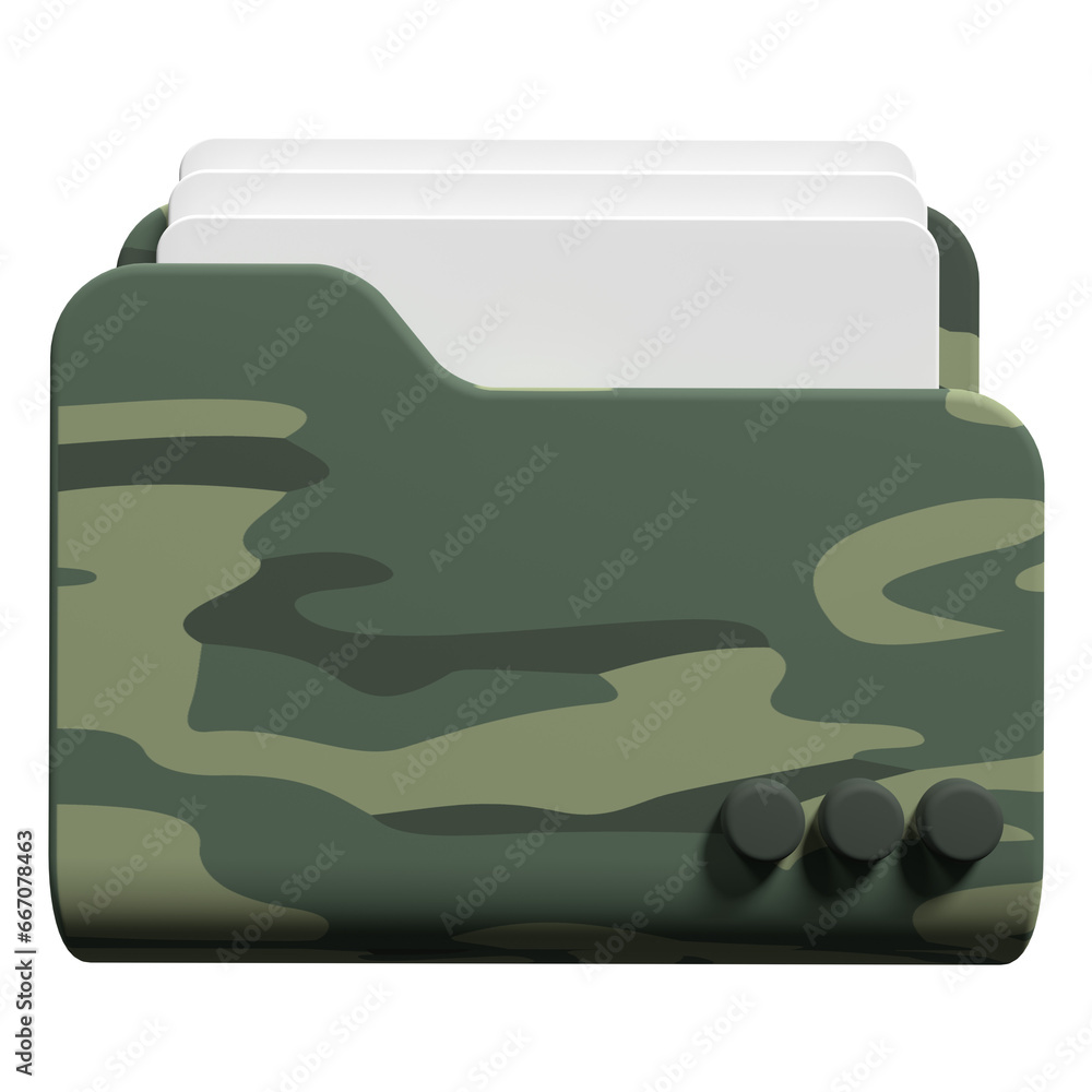 3D rendering illustration of army folder icon with paper document ...
