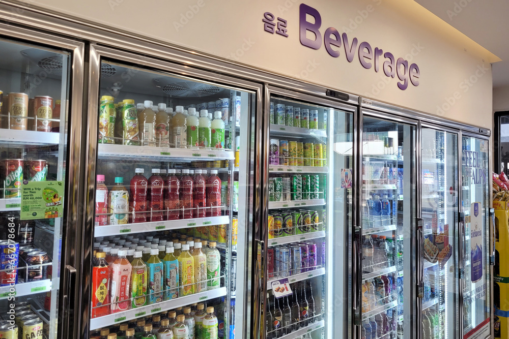 PENANG, MALAYSIA - 7 OCT 2023: A large fridge at CU Convenience Store ...