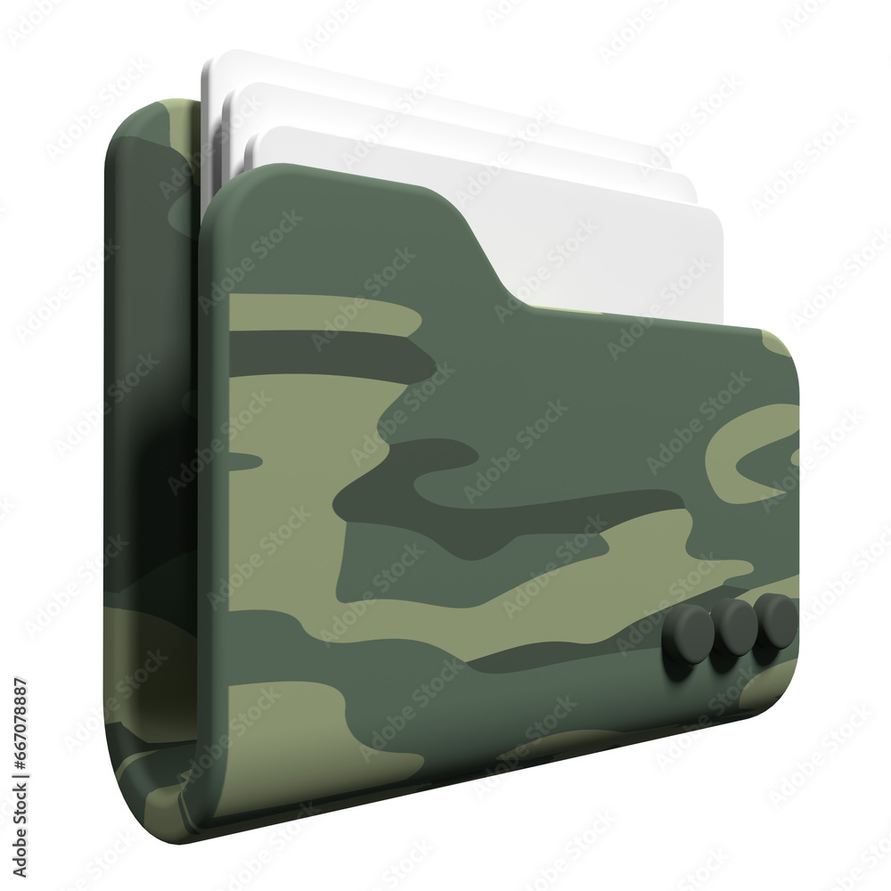 3D rendering illustration of army folder icon with paper document ...