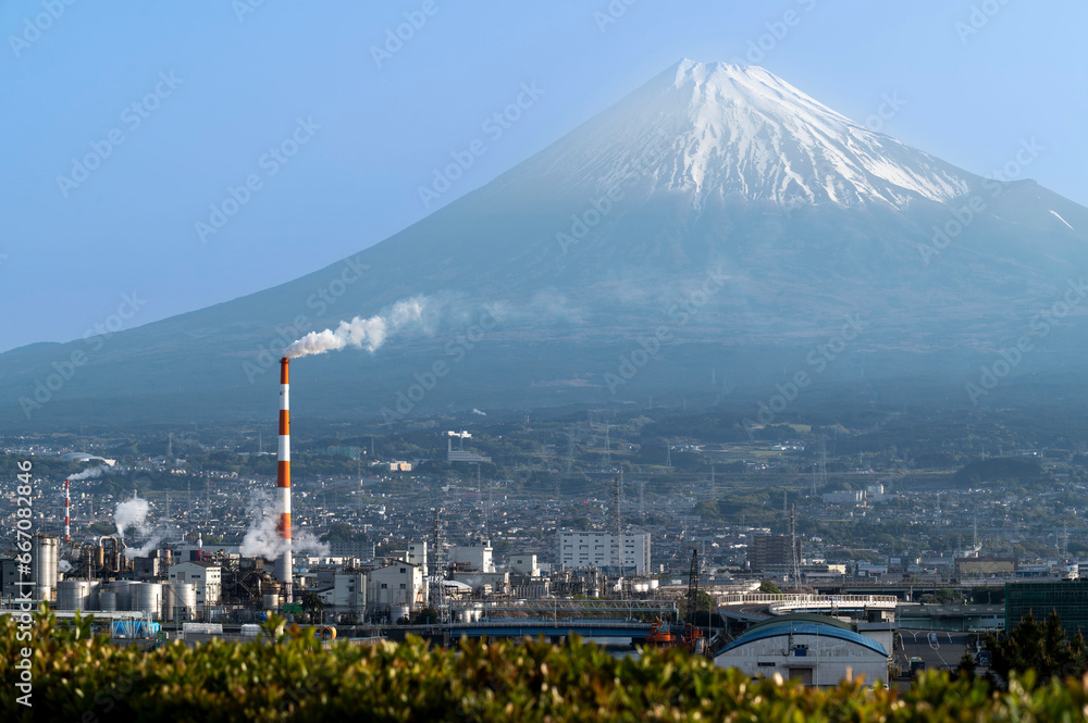 Japan industrial factory area with Fuji mountain and blue sky ...