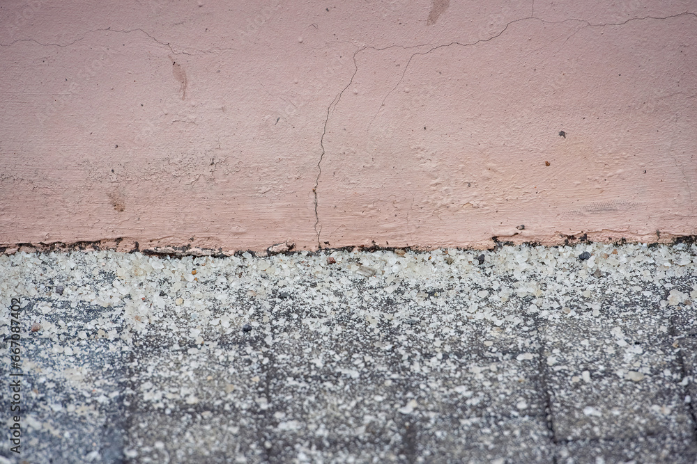 Salt crystals on pedestrian paving slabs, salting sidewalk. Salty ...