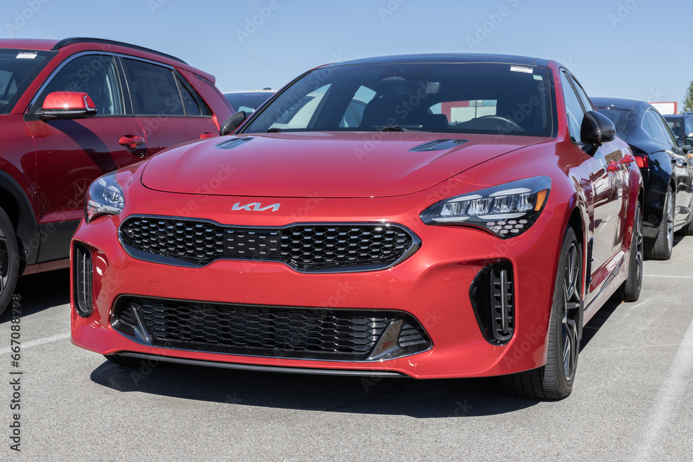 Kia Stinger display at a dealership. Kia offers the Stinger in GT-Line ...