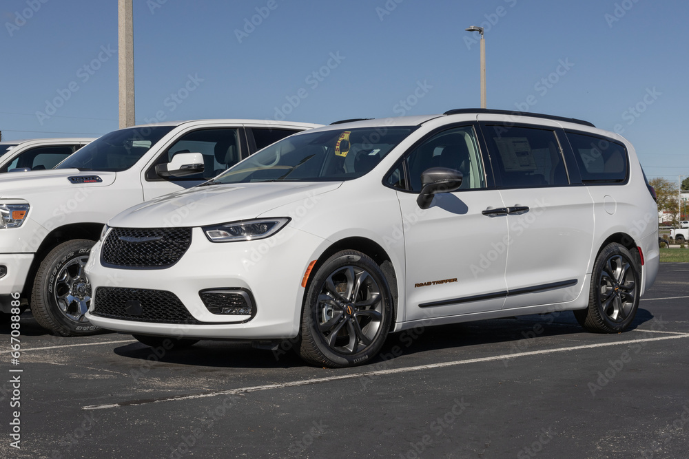 Chrysler Pacifica SUV minivan display at a dealership. Chrysler offers ...