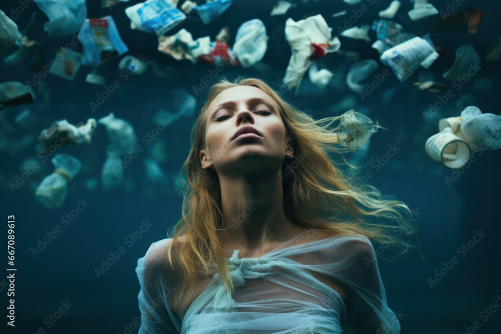 Woman Under the Ocean with Plastic Waste - Climate Change and Pollution ...