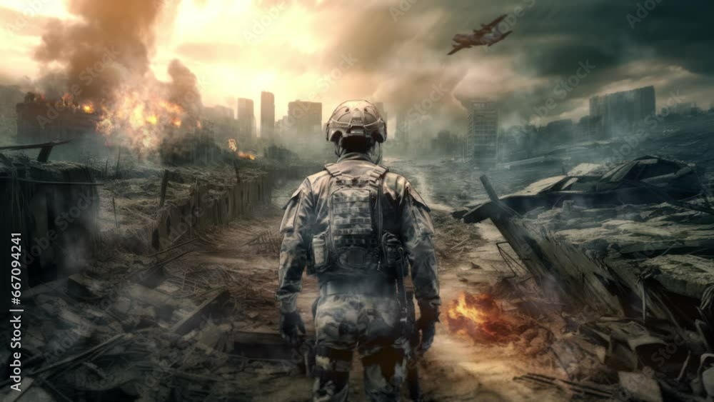 Soldier war zone depressing view of bombed out burning city ruins. 3D ...