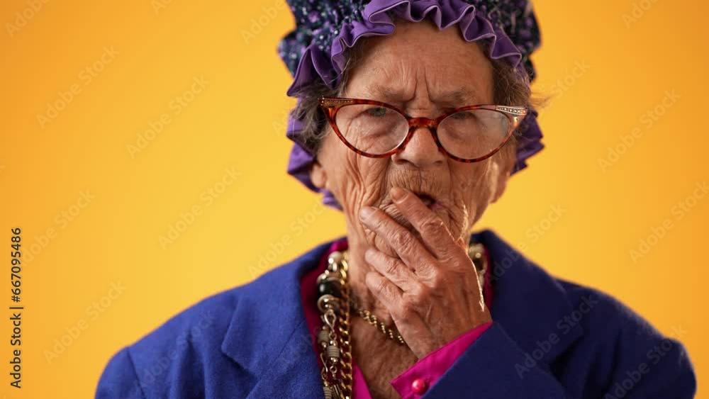 Closeup portrait of toothless funny elderly senior old woman with ...