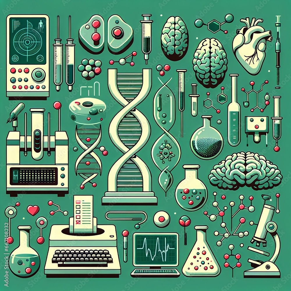 vector depiction of a collection of bio-tech innovations, including DNA ...
