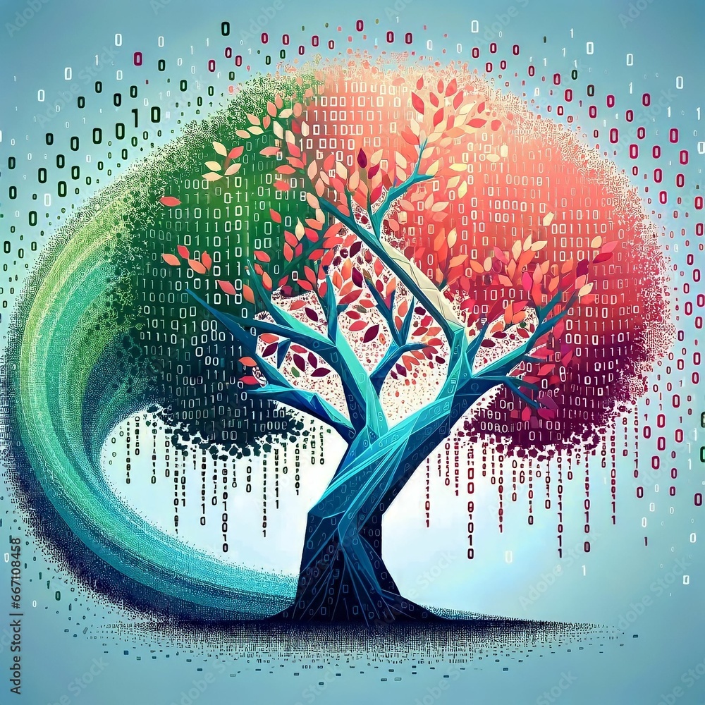 vector art of a digital tree with binary code leaves, symbolizing the ...