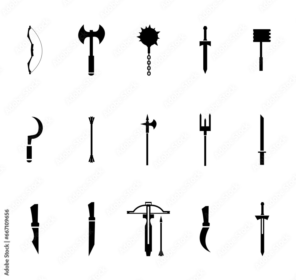 Medieval weapon set. Silhouettes of crossed steel arms, sword blade ...