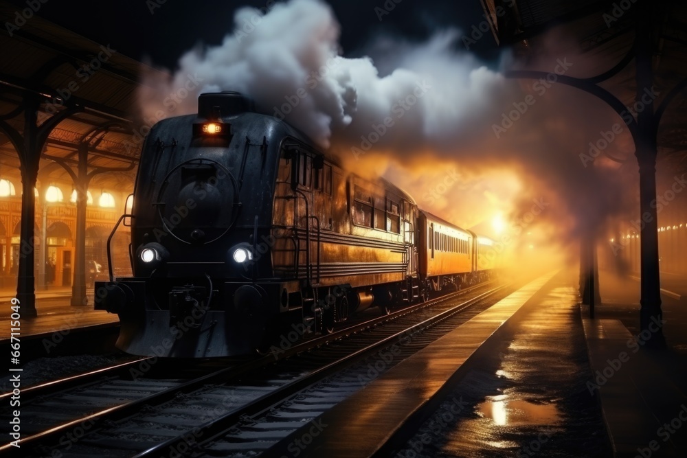 A steam engine train pulling into a train station. Ideal for ...