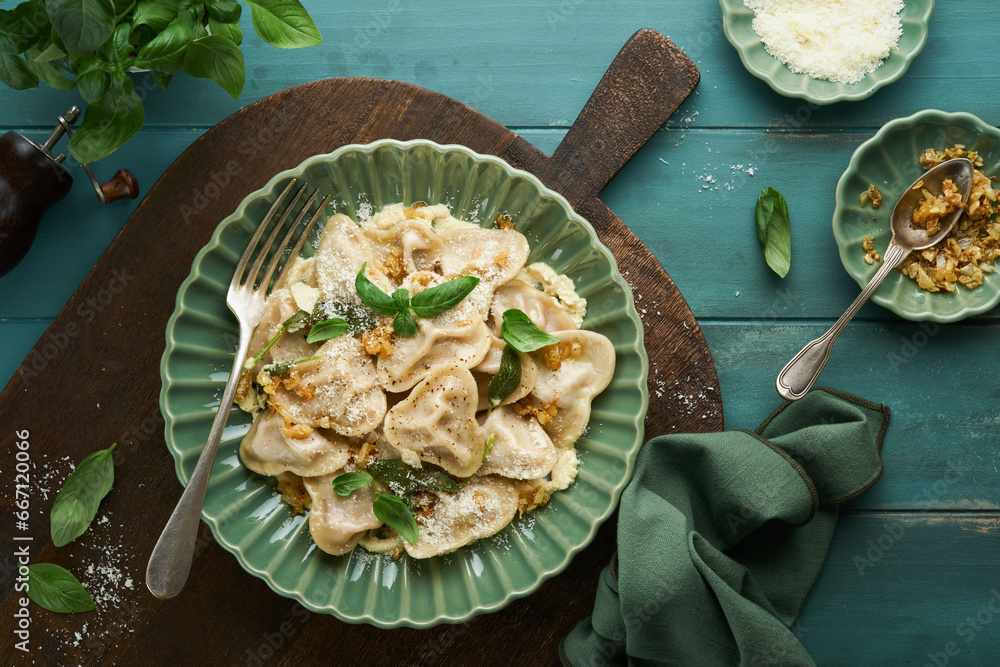 Homemade italian ravioli pasta in heart shape with beef meat, cheese ...