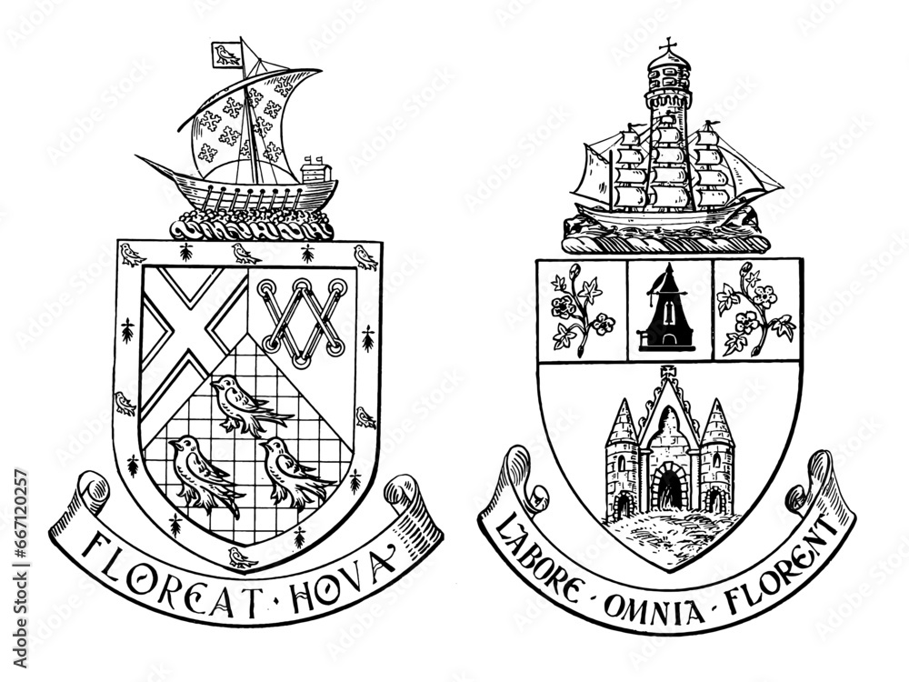 Vector heraldic set of coat of arms with sailing ships in vintage ...