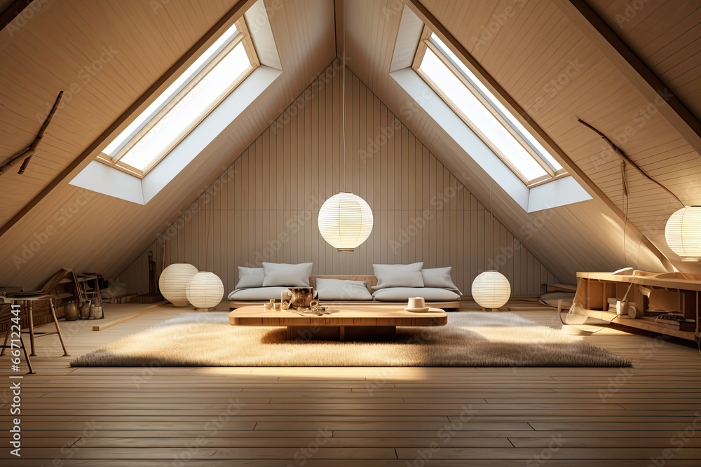 Attic floor inspired by Japanese Zen aesthetics. Tatami mats, shoji ...