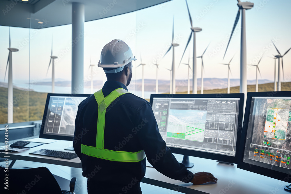 male power engineer stands at a wind power plant with beautiful natural ...