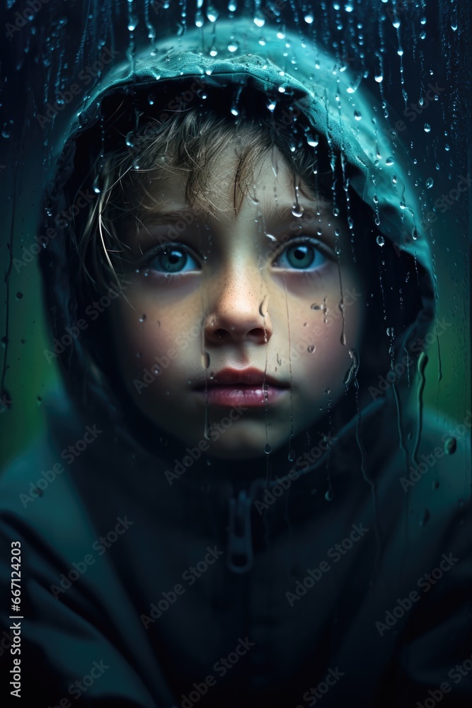 Sad boy gazing through a rainy glass window. wearing a rain coat hoodie ...
