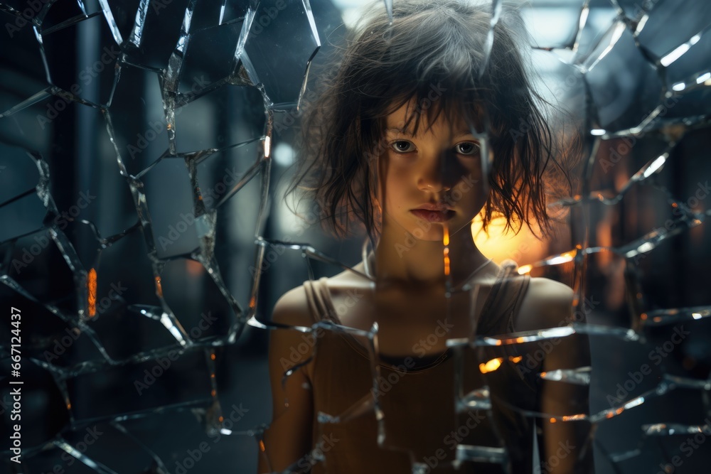 Sand worried young child girl kid in front of fragmented shattered ...