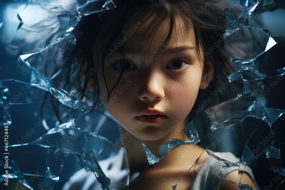 Pretty Asian child in front of shattering glass. Long black straight ...