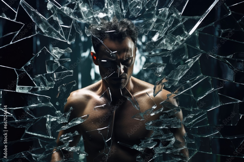 Tough man in front of shattering glass shards. Muscular. Shirtless male ...