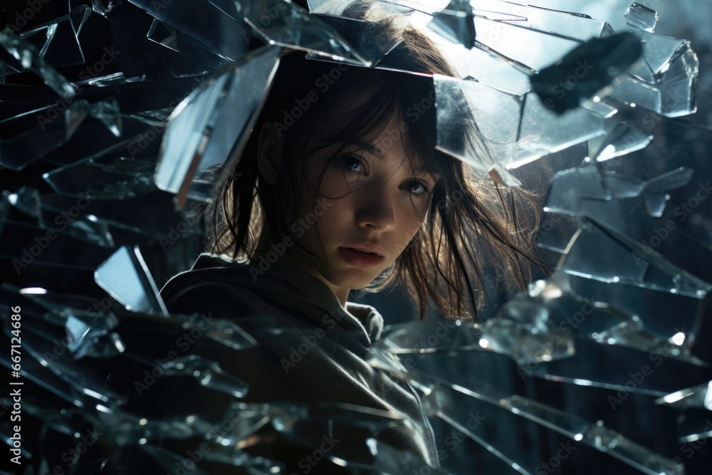 explosion of glass. pretty young teen girl. straight shoulder length ...