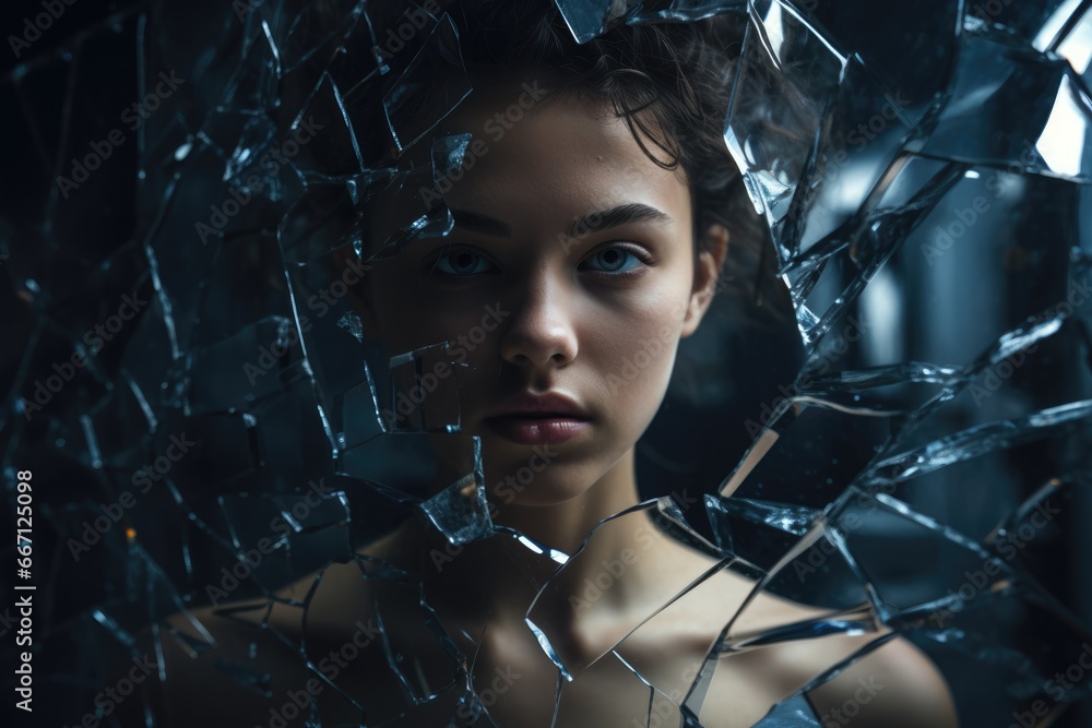 hair pulled back in a messy bun. blue eyes. dark background. sad woman ...