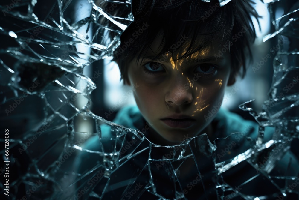 sad boy looking through the shattered glass. Tears Behind Broken Glass ...
