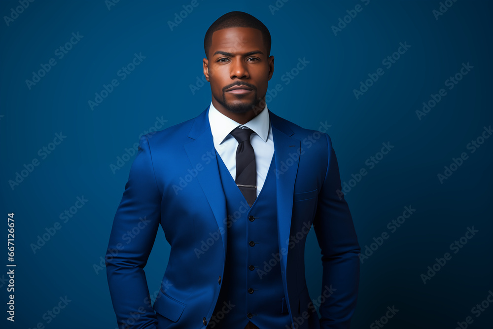portrait of a businessman, serious black man with blue suit and black ...