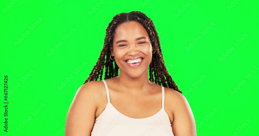 Beauty, laughing and face of woman in green screen studio for skincare ...