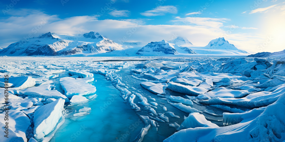An aerial photograph of glaciers releasing rivers of ice, showing the ...